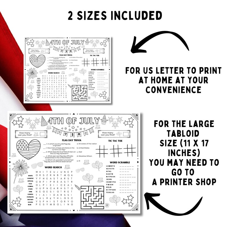 4th of July Kids Activity Sheet, 4th of July Kids Coloring Placemat ...