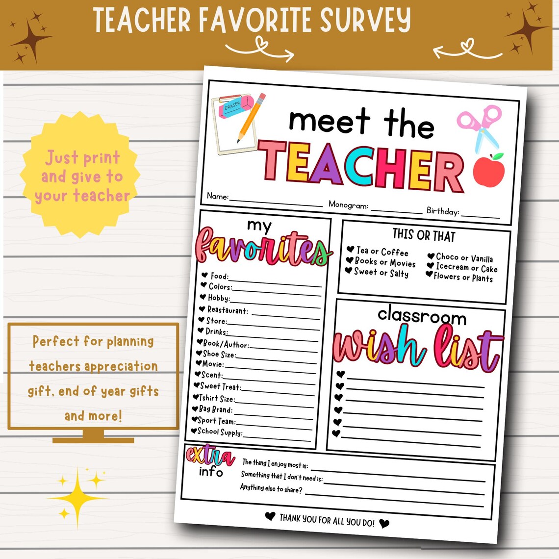 Teacher Favorite Things Questionnaire | Back to School Teacher Survey ...