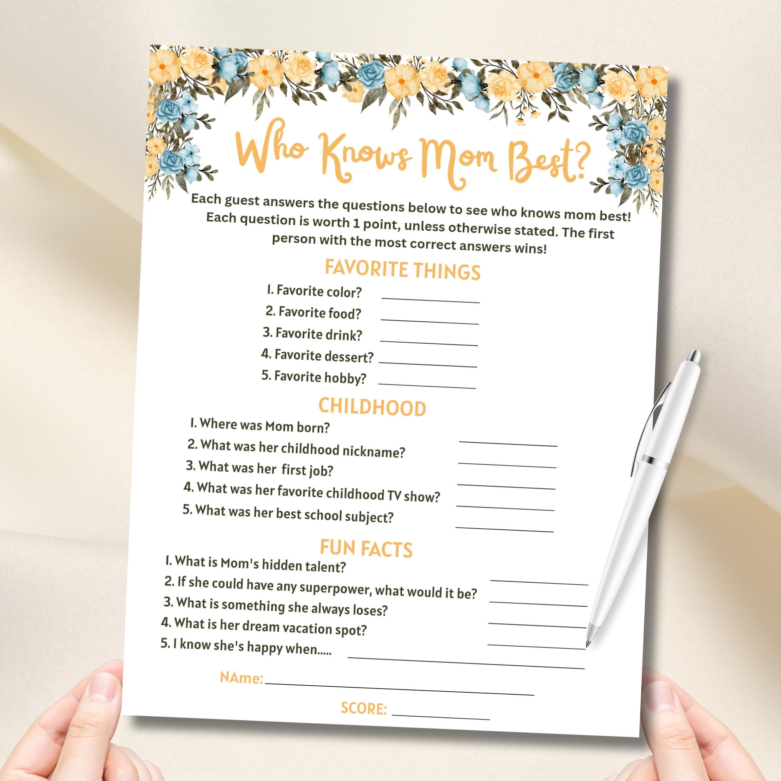 Who Knows Mom Best Game Printable, Group Games, Mother's Day Game ...