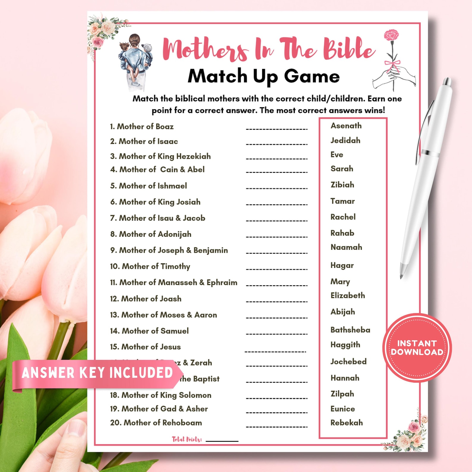 Mothers in the Bible Matching Game, Mother's Day Activity (digital ...