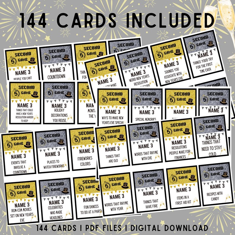 New Year's Eve 5 Second Game, 144 Cards (PDF Printable) - Etsy