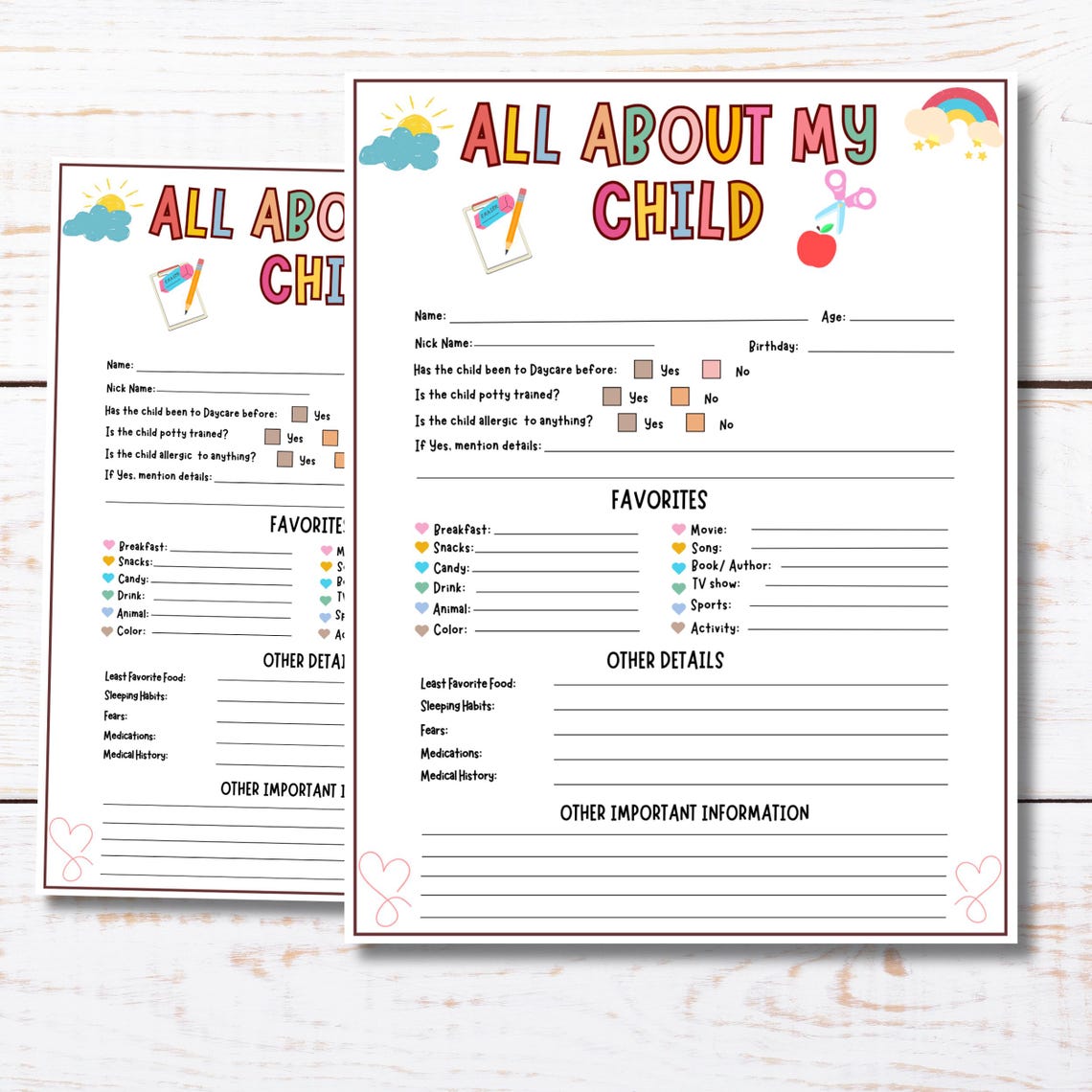 Daycare All About Me Form | Child Information Questionnaire - Etsy