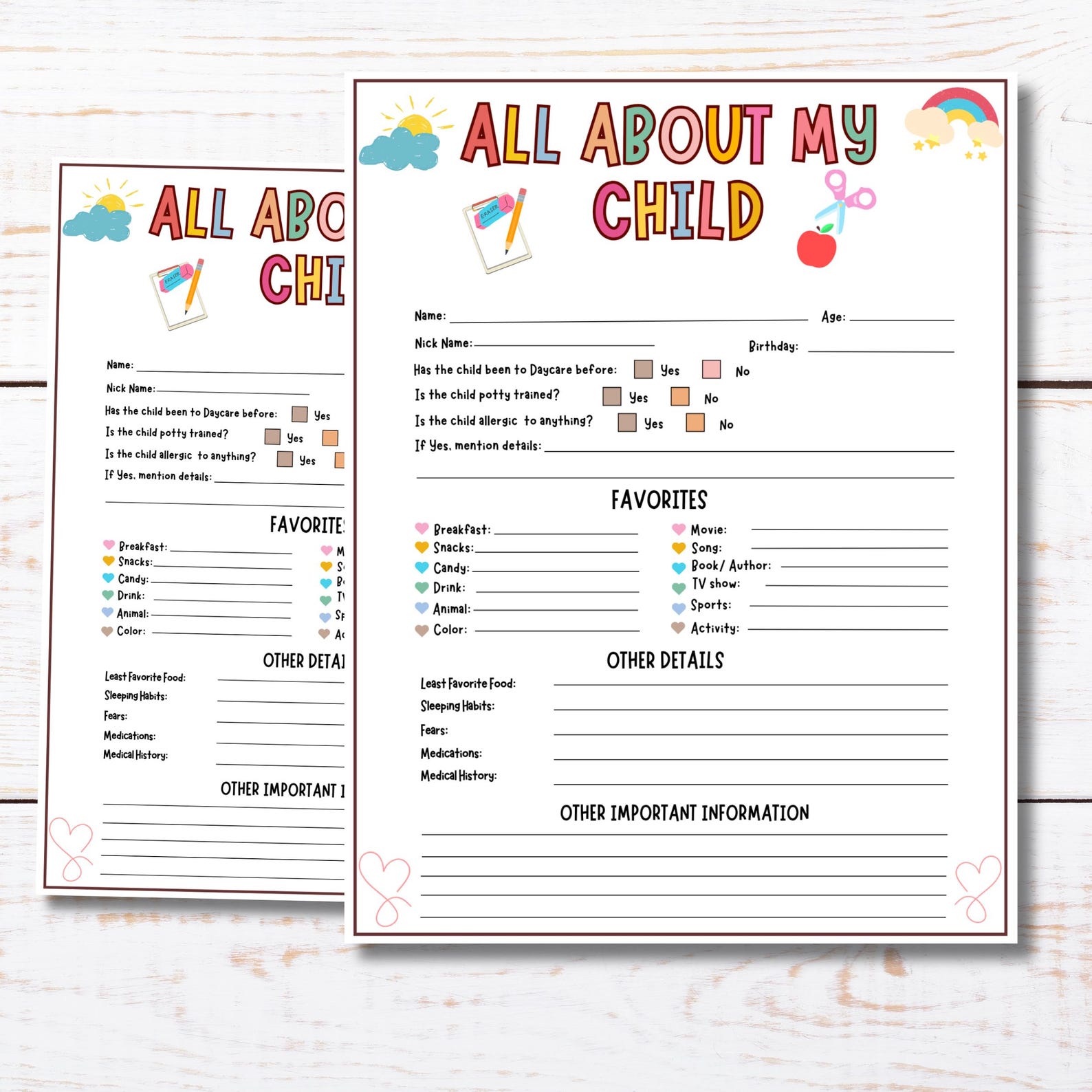 Daycare All About Me Form | Child Information Questionnaire - Etsy