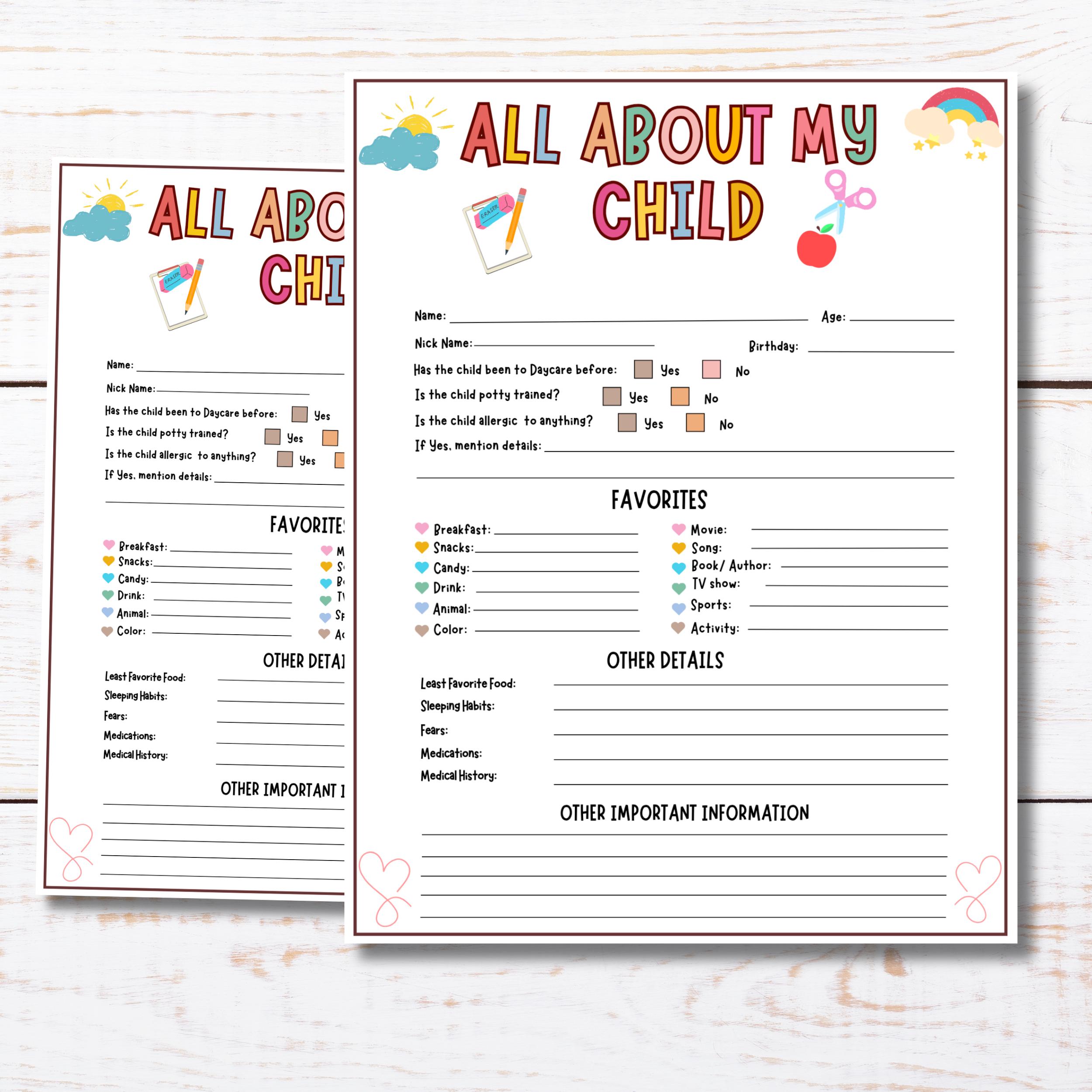Daycare All About Me Form | Daycare Questionnaire | Get to Know Me ...