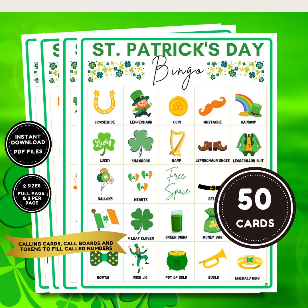 St. Patrick's Day Bingo, 50 St. Patrick's Bingo Cards, St. Patrick's ...