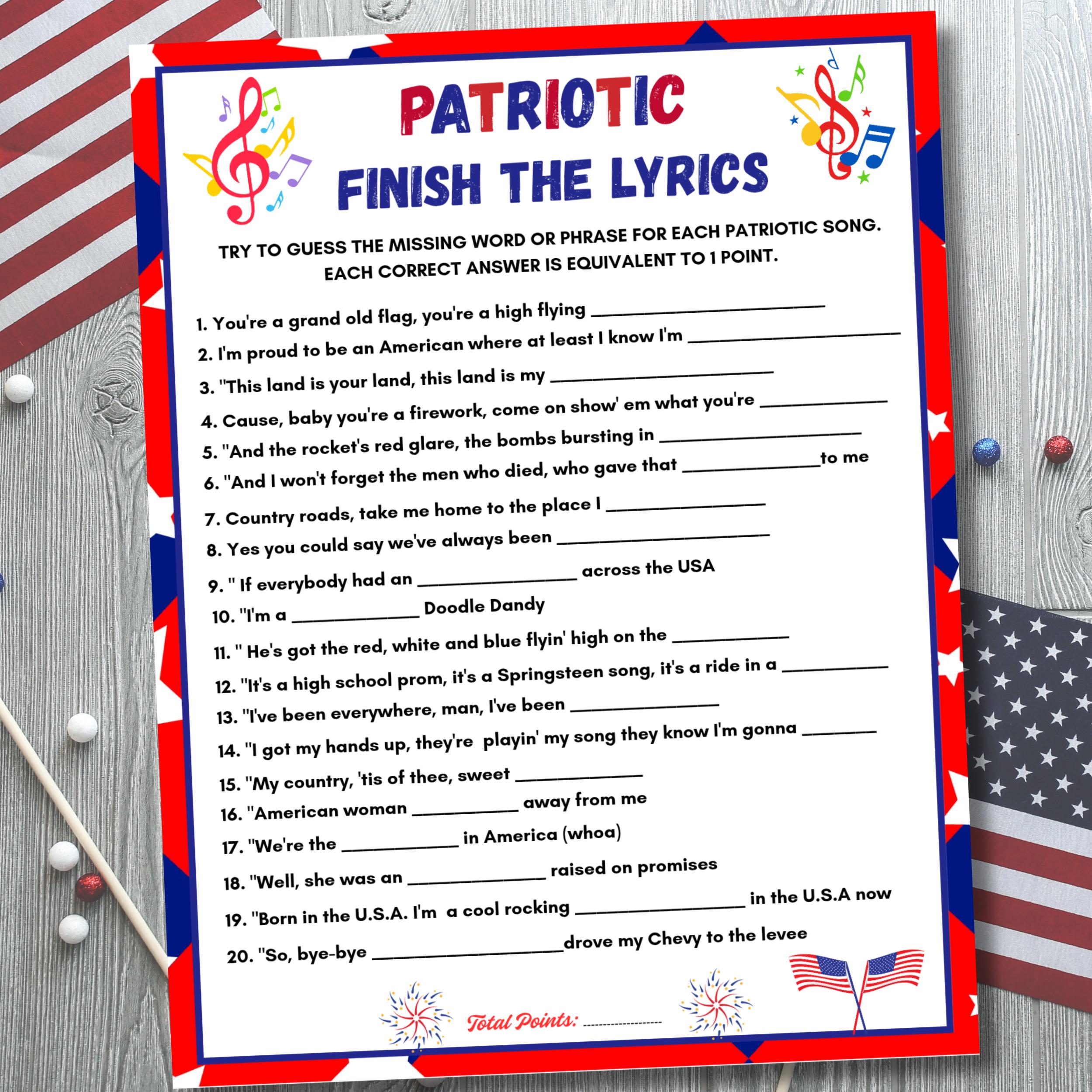 4th of July, Patriotic Finish the Lyrics Game, Patriotic Trivia ...