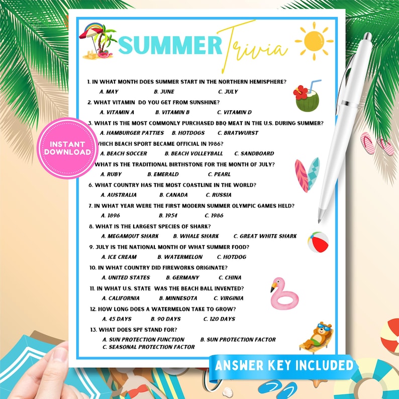 Summer Trivia Game, Summer Trivia Quiz, Summer Games, Summer Printable ...