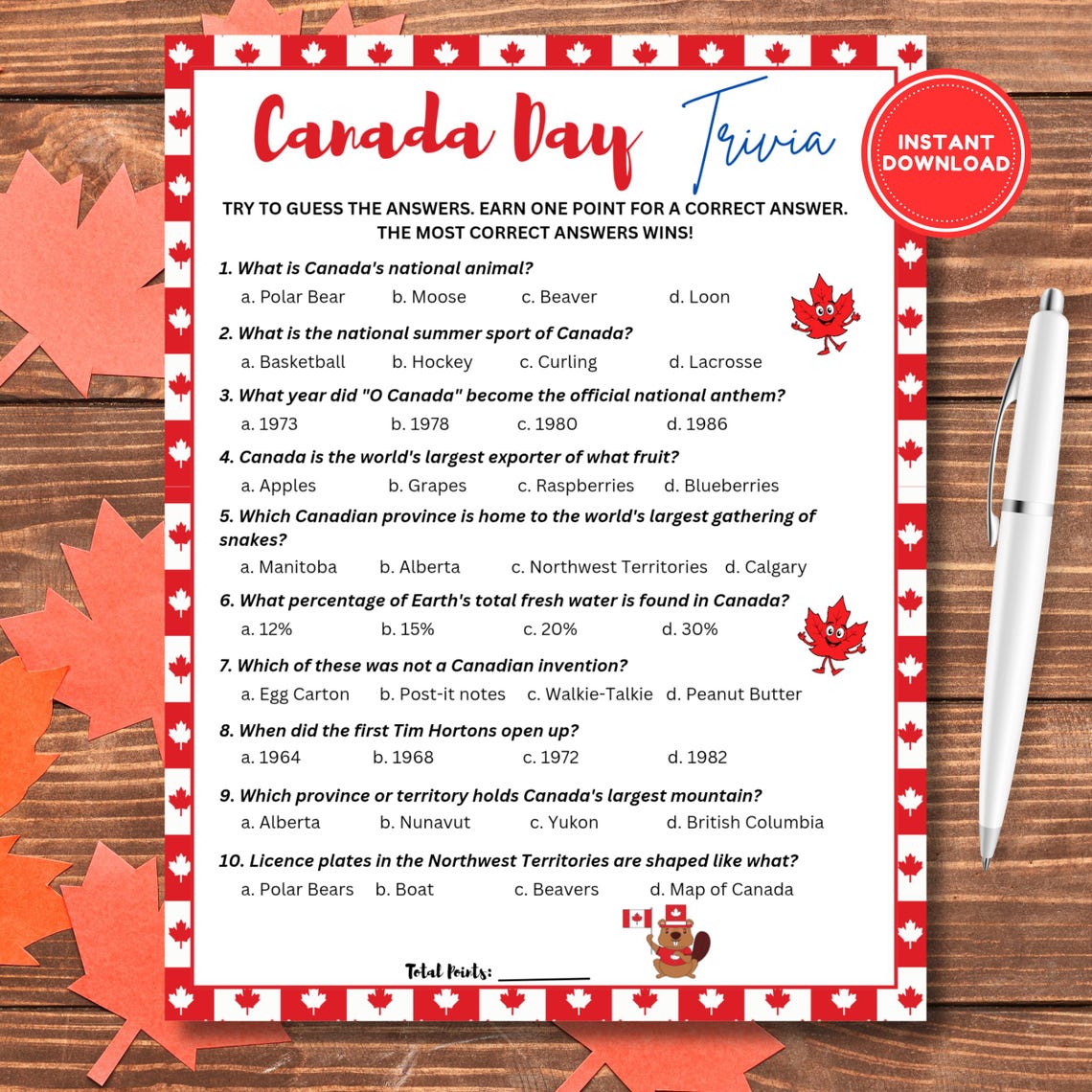 Canada Day Trivia Game | Printable Family Activity (digital Download ...