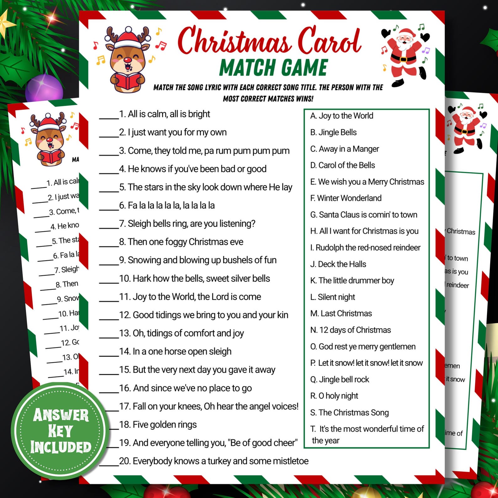 Printable Christmas Carol Match Game, Holiday Trivia (digital Download ...