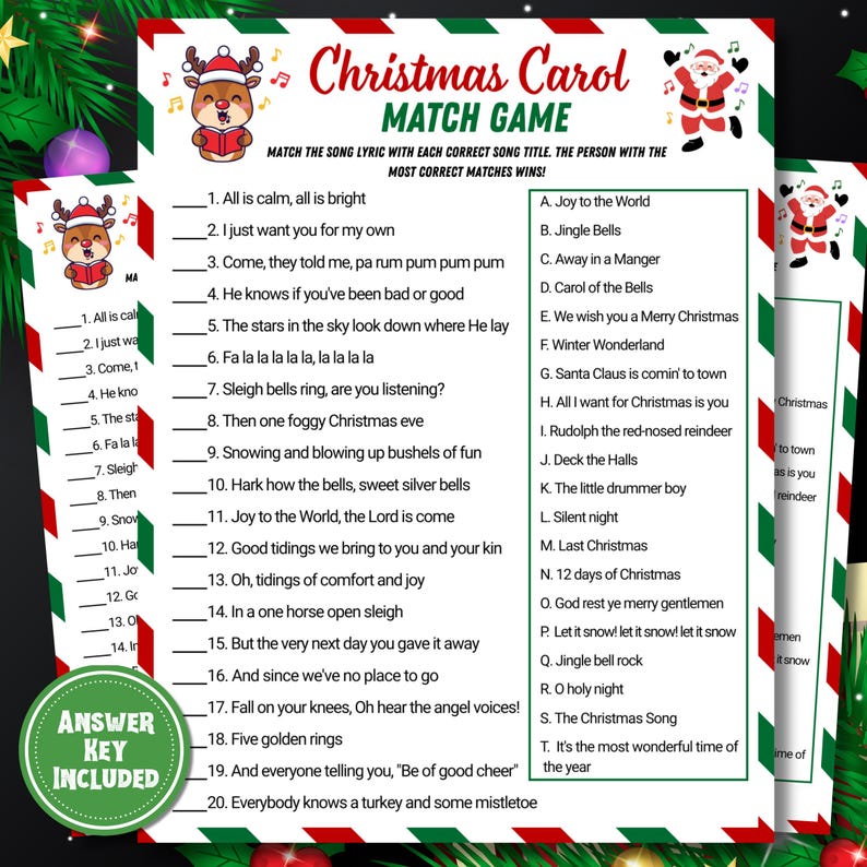 Printable Christmas Carol Match Game, Holiday Trivia (digital Download ...