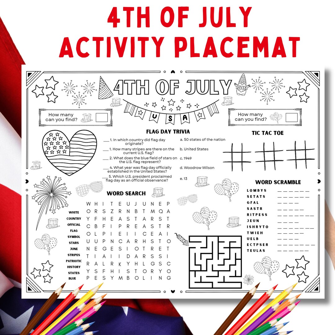 4th of July Kids Activity Sheet, 4th of July Kids Coloring Placemat ...