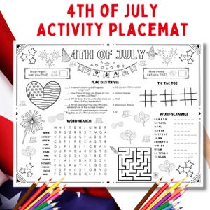 4th of July Kids Activity Placemat, Printable Coloring Page (PDF) - Etsy