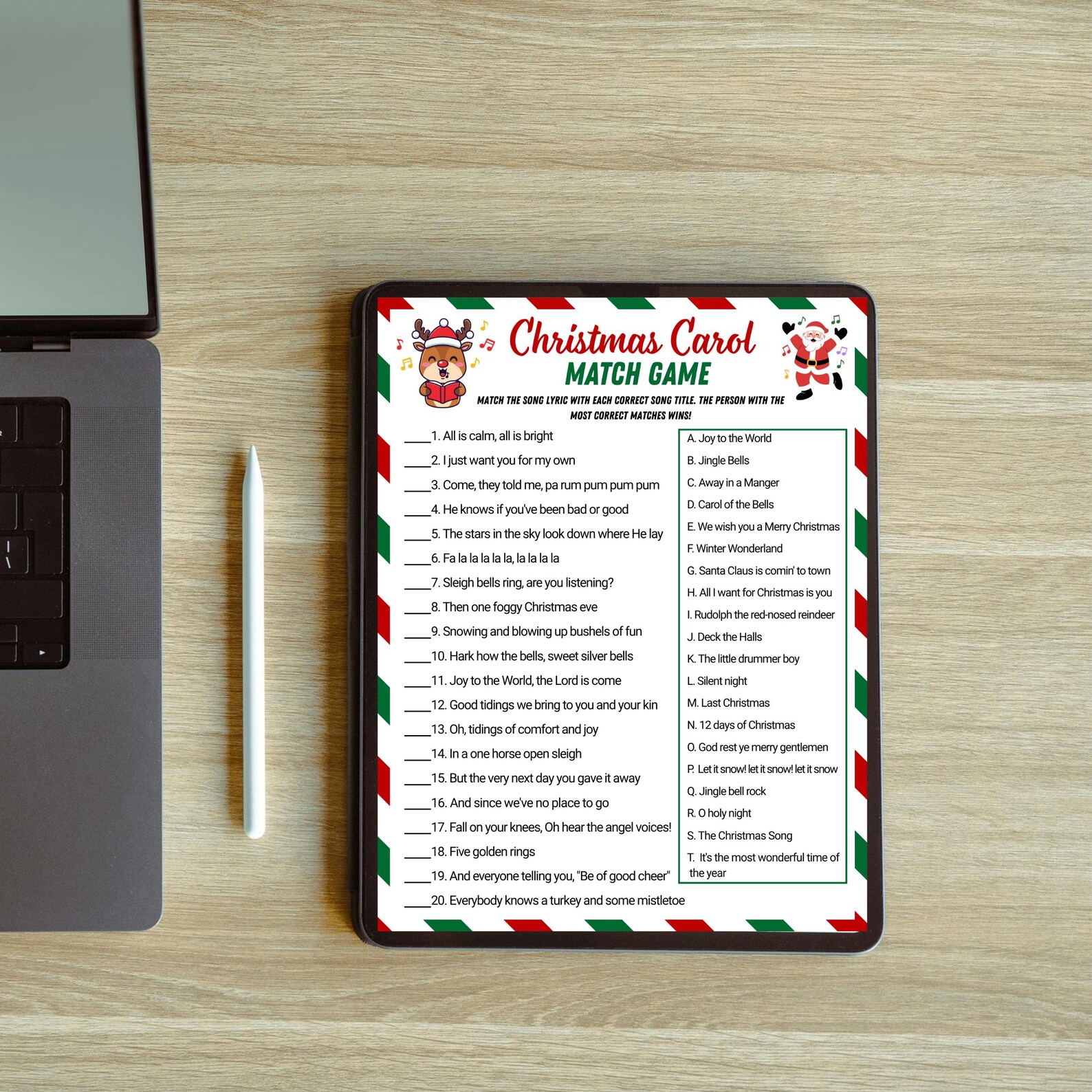 Printable Christmas Carol Match Game, Holiday Trivia (digital Download ...