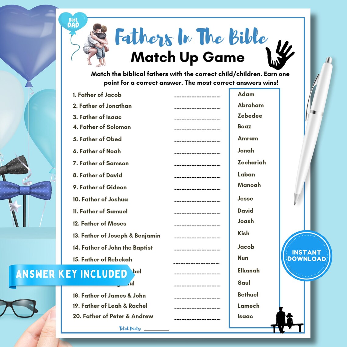 Fathers in the Bible Match up Game, Father's Day Trivia (digital ...