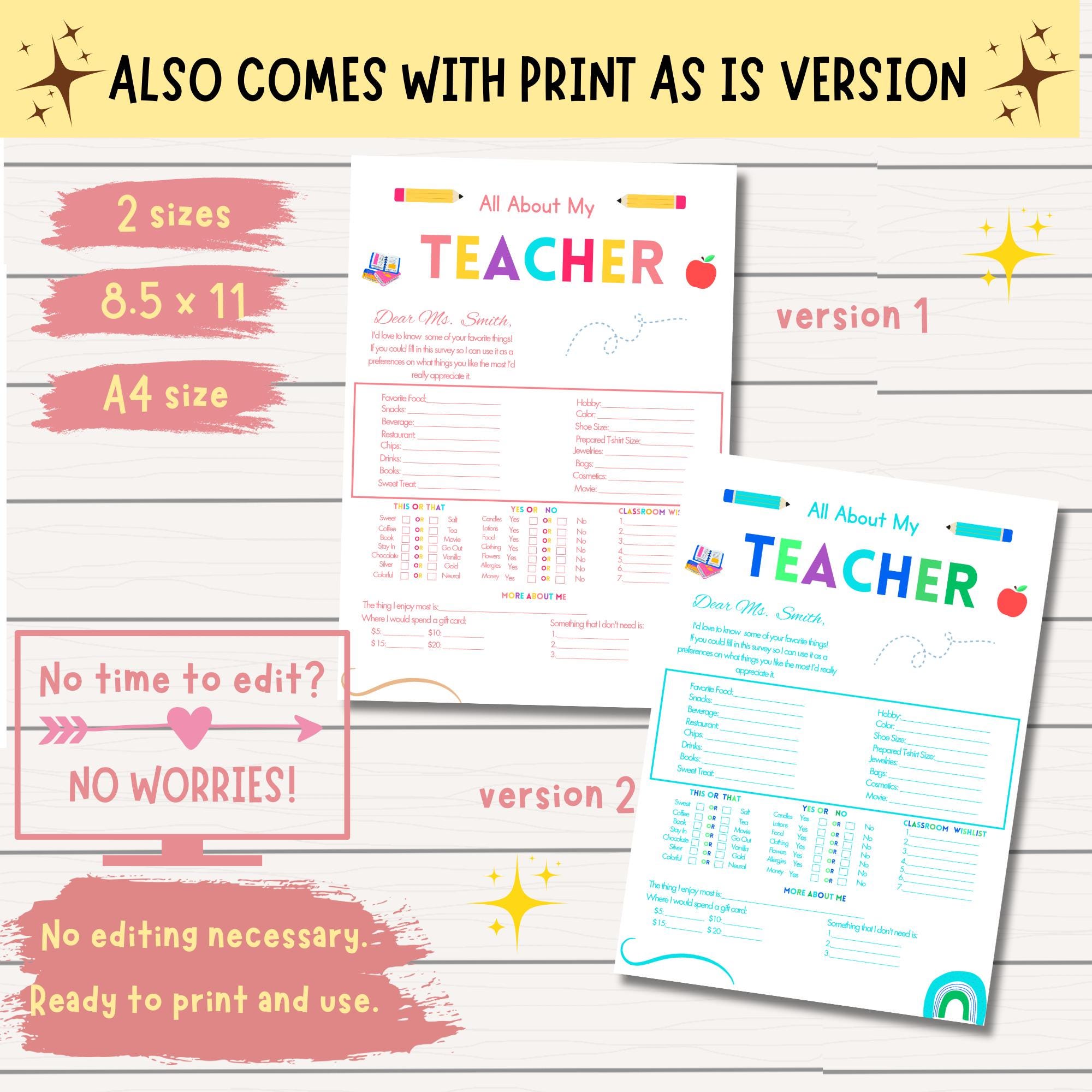Teacher Favorites Survey, Back to School Questionnaire (editable Canva ...