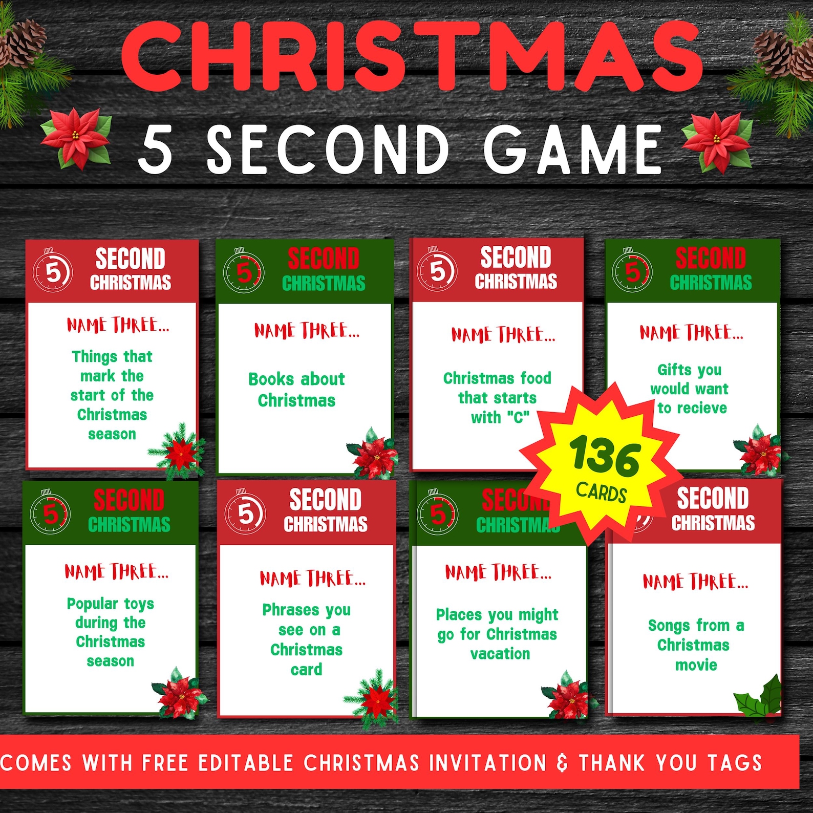 Christmas 5 Second Game | Printable Party Activity (136 Cards) - Etsy