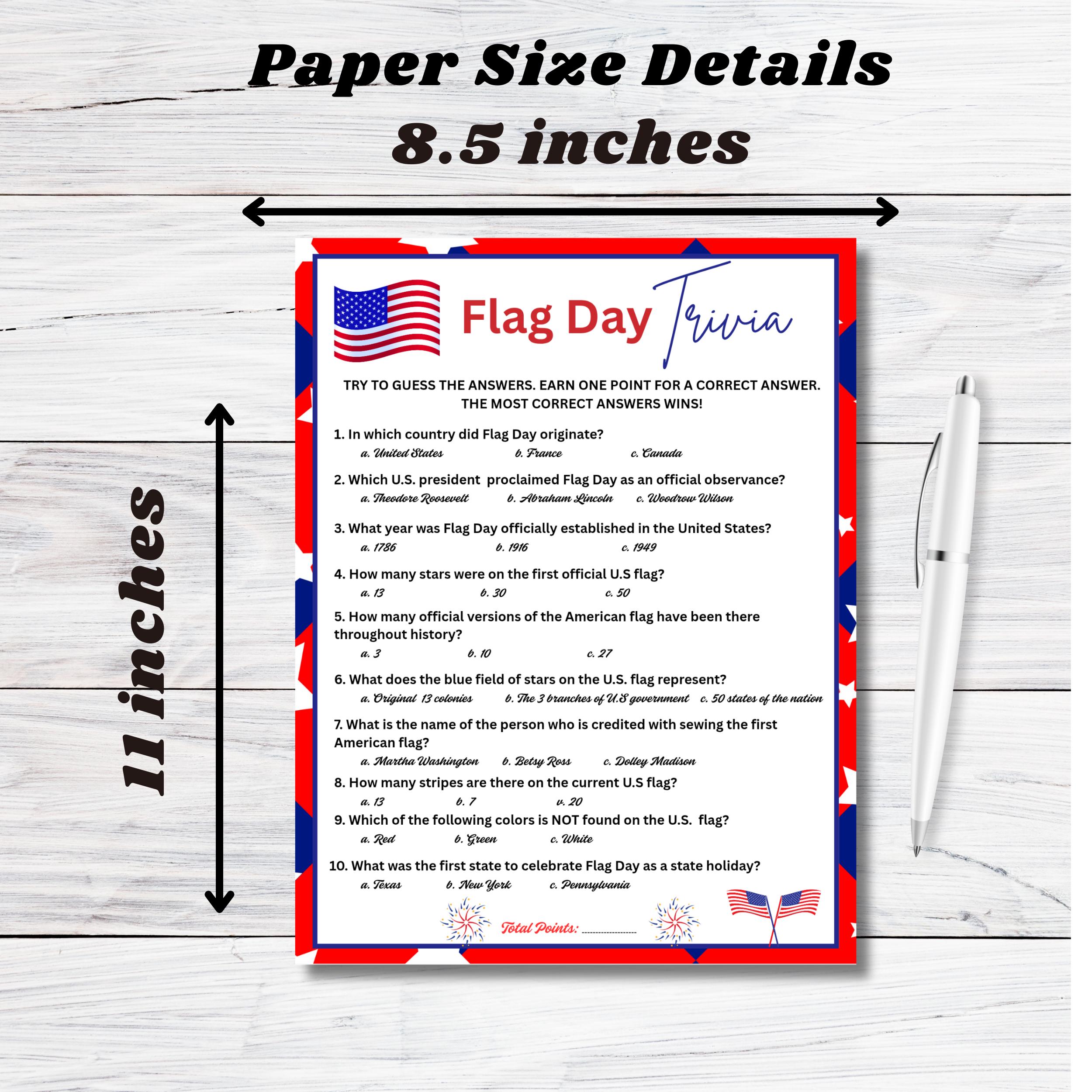 Flag Day Trivia Game, Patriotic Printable (digital Download) - Etsy