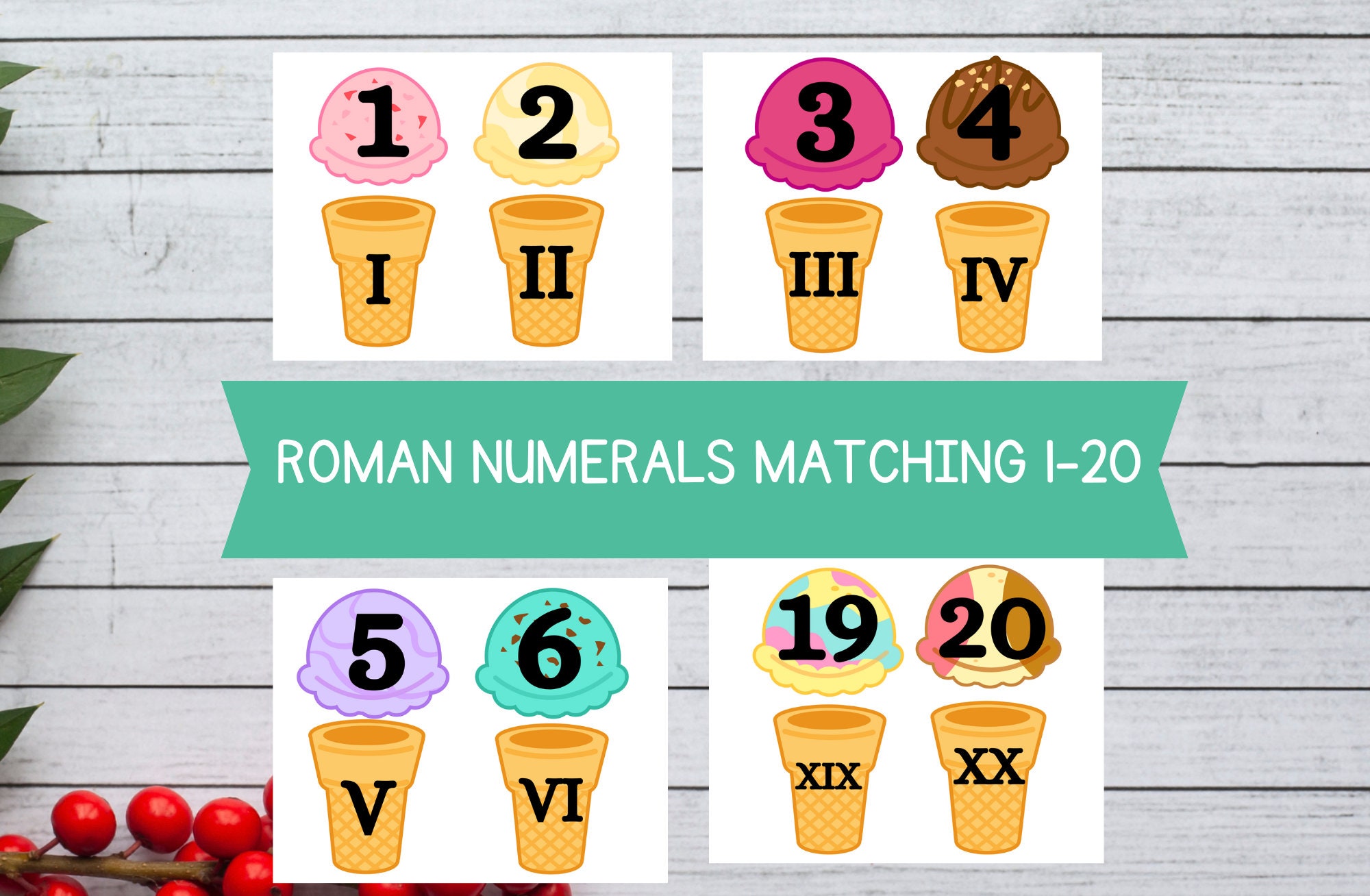 Roman Numerals, Learning Numbers to Roman Numerals 1-20, Ice Cream Math ...
