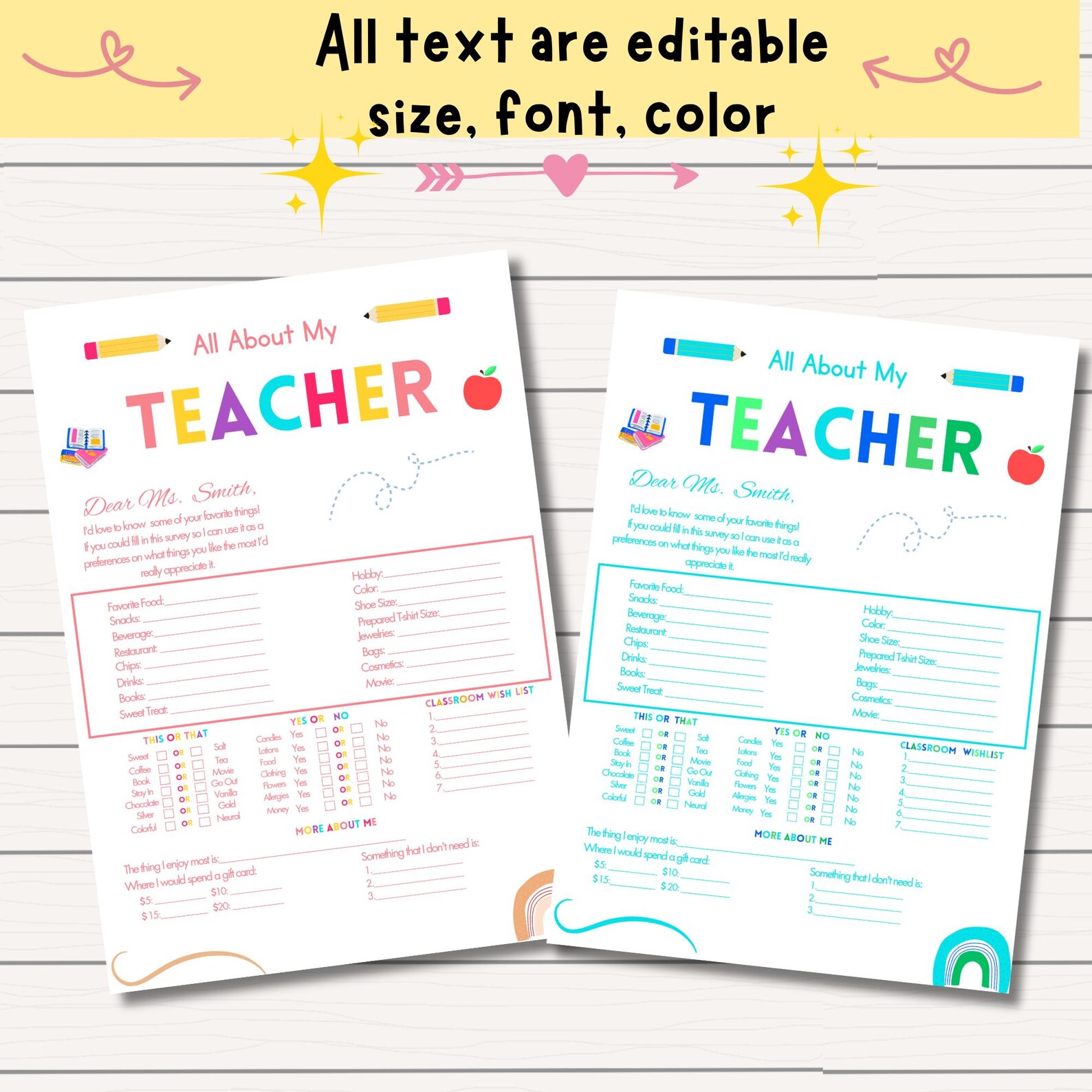 Teacher Favorites Survey, Back to School Questionnaire (editable Canva ...