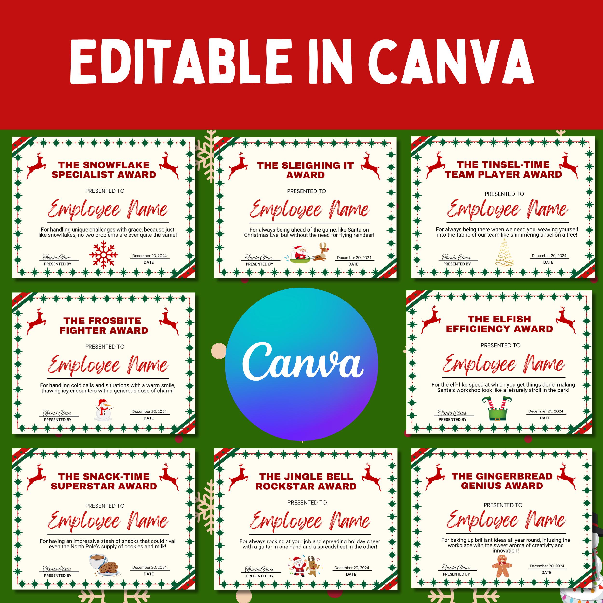 20 Funny Christmas Awards for Employees, Certificates Editable in Canva ...