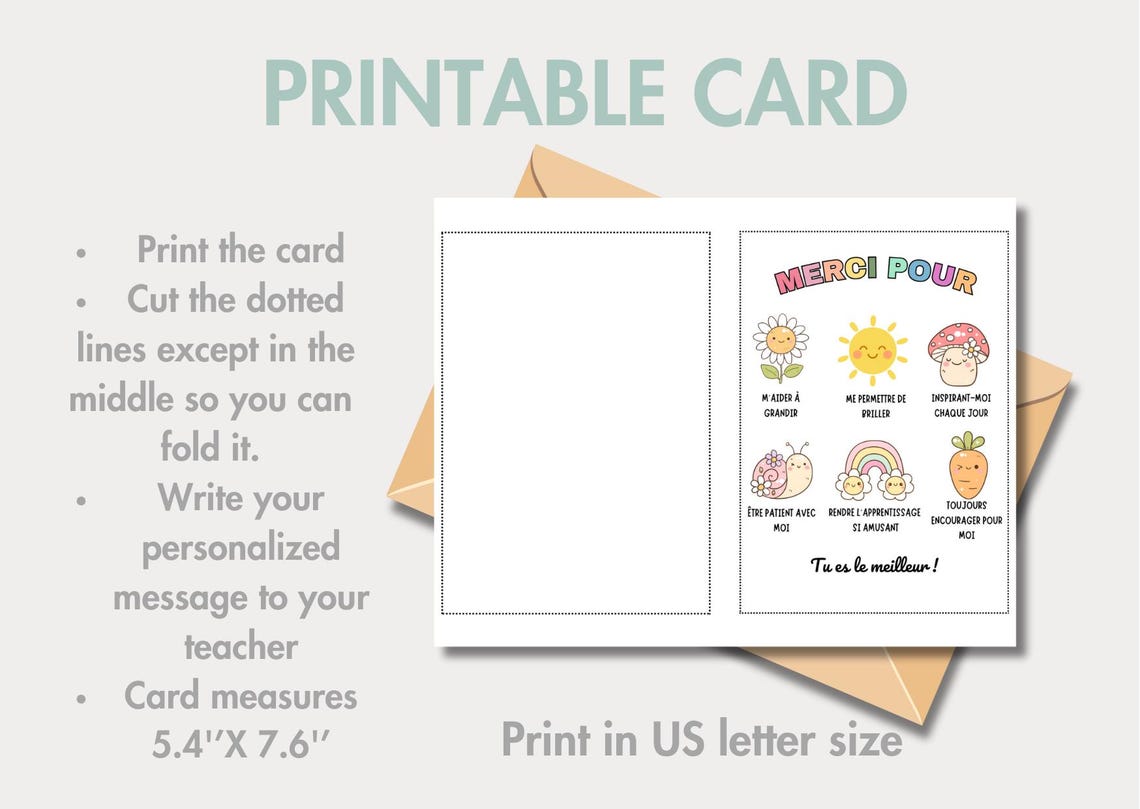 Thank You Card for Teacher in French Printable | French Nursery ...