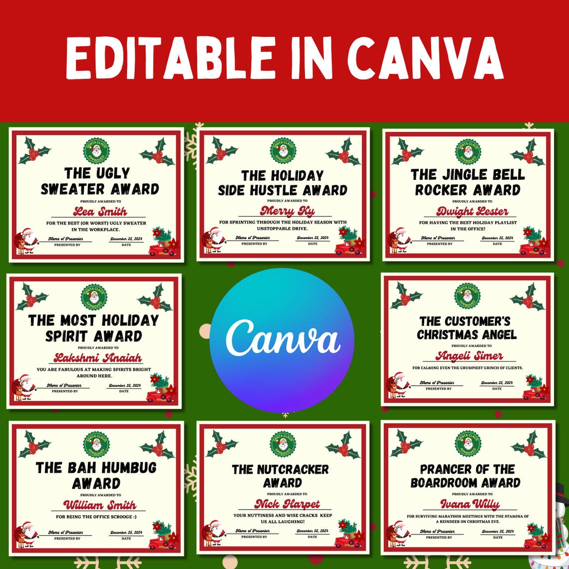 Christmas Office Awards, Holiday Employee Awards, Christmas ...