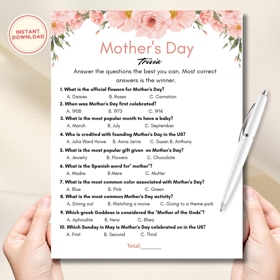 Mothers Day Trivia Game, Printable Mothers Day Quiz, Mothers Day Party ...