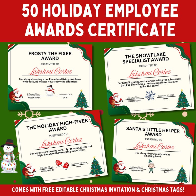 Holiday Employee Certificates, Funny Employee Awards, Christmas ...