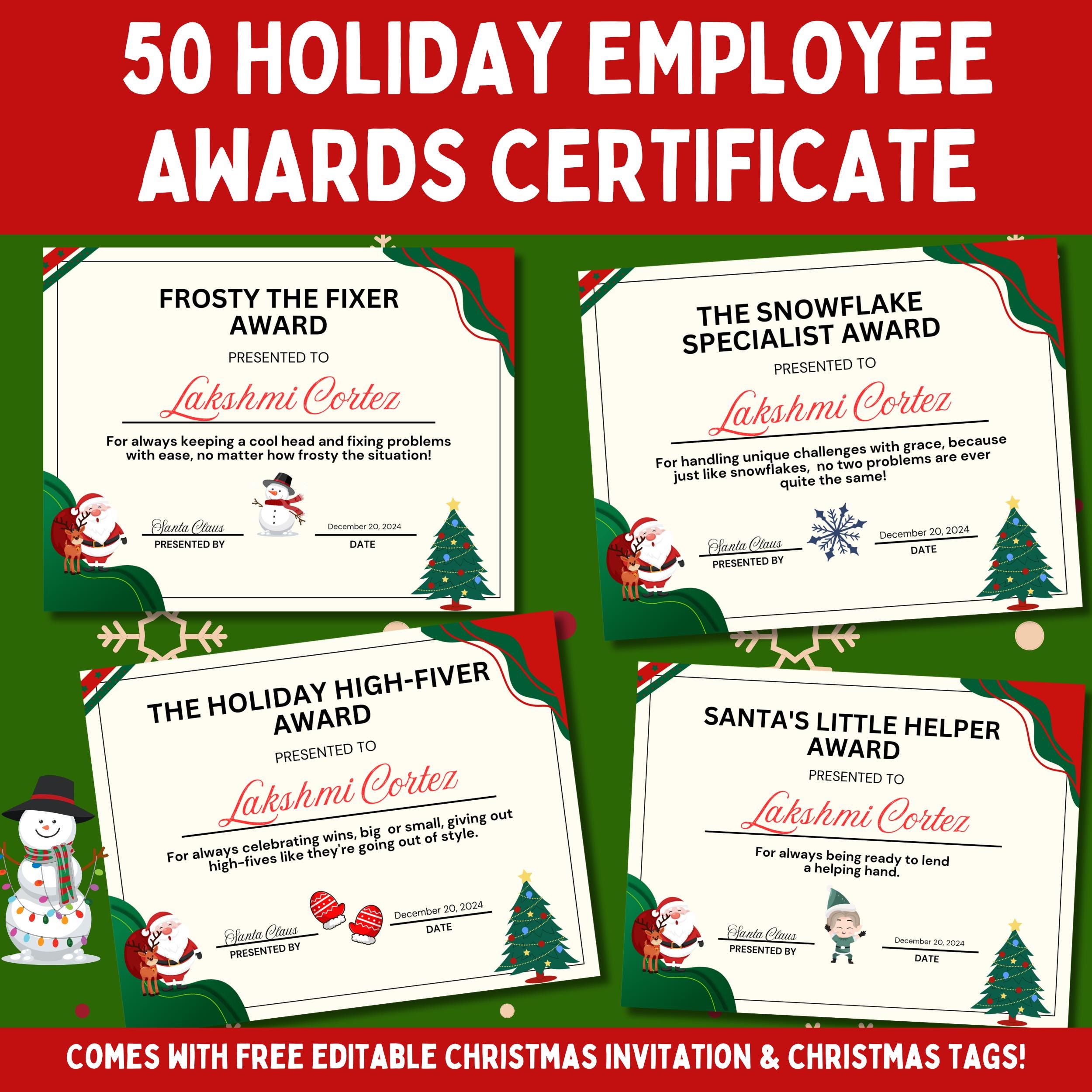 Holiday Employee Certificates, Funny Employee Awards, Christmas ...
