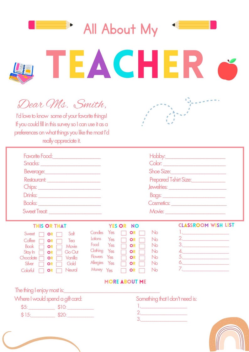 Teacher Favorites Survey, Back to School Questionnaire (editable Canva ...