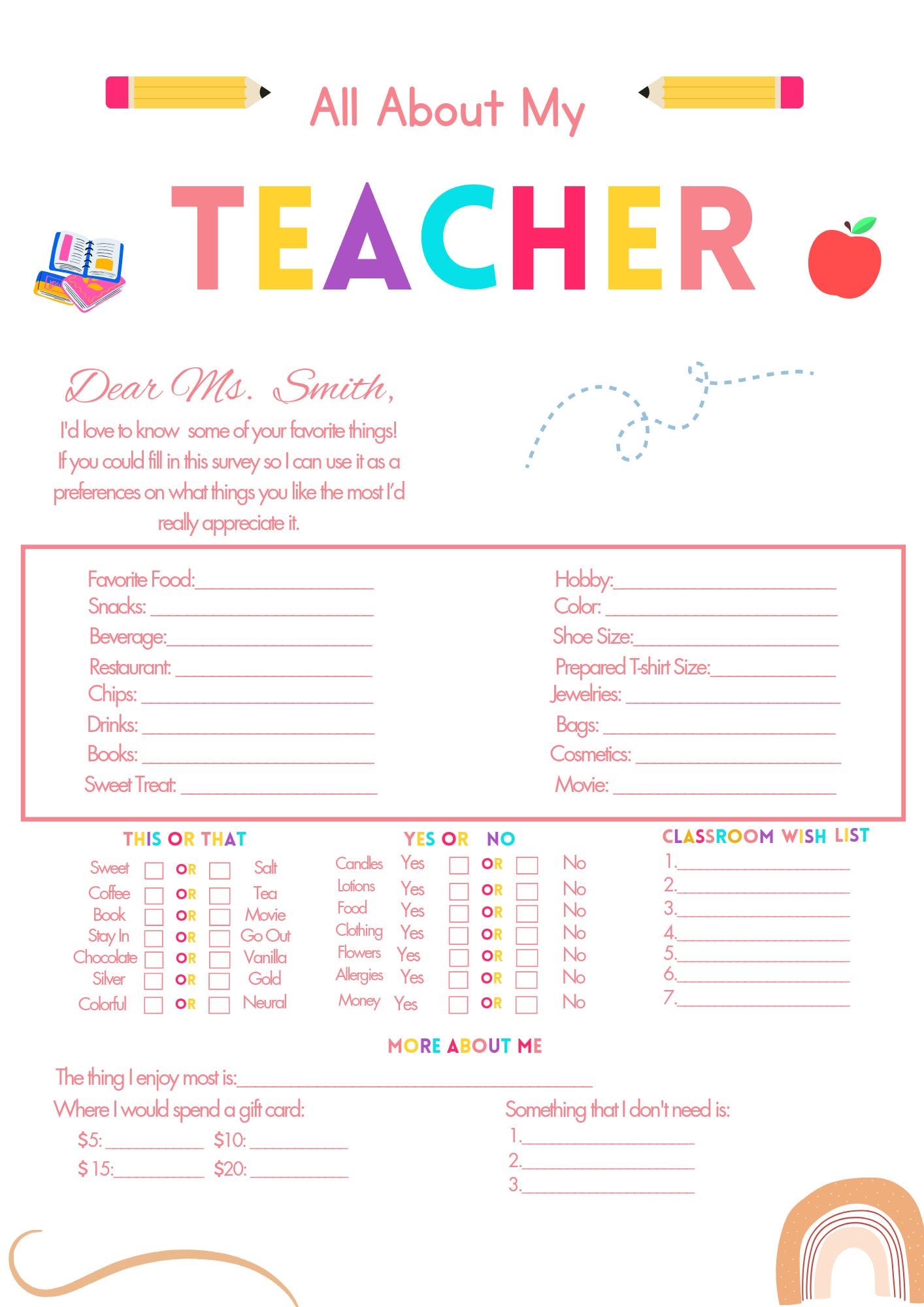 Favorites Teacher Survey, Editable Canva Template, Printable Back to ...