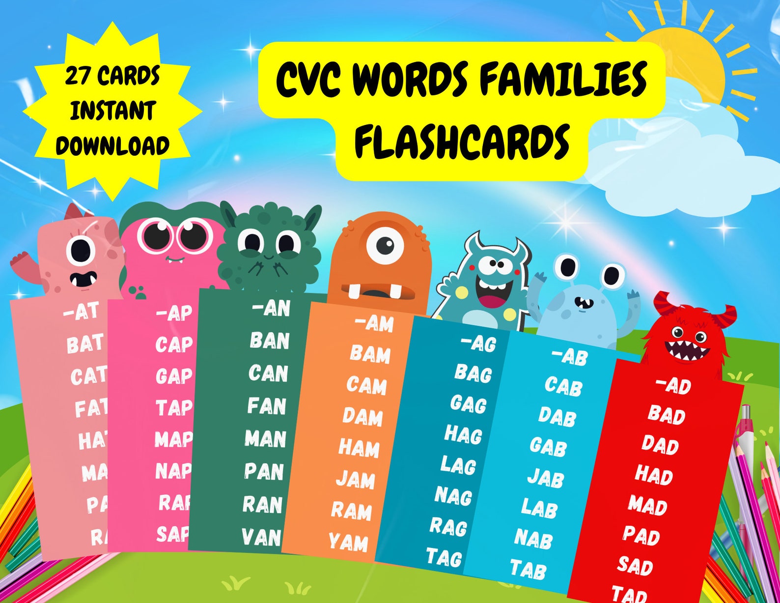CVC Word Families Flashcards, Pre-k Reading (digital Download) - Etsy