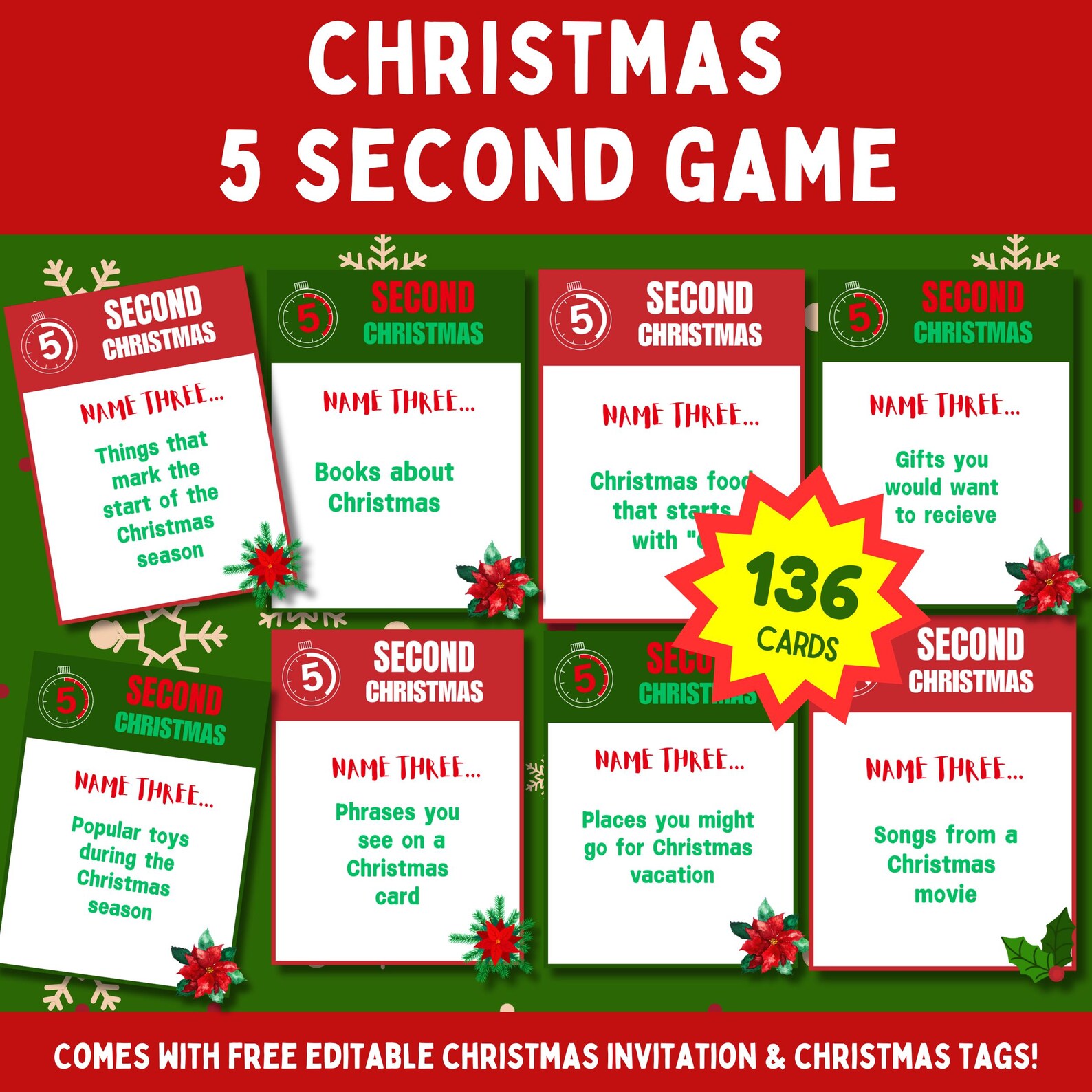 Christmas 5 Second Game | Printable Party Activity (136 Cards) - Etsy