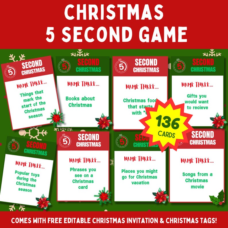 Christmas 5 Second Game | Printable Party Activity (136 Cards) - Etsy