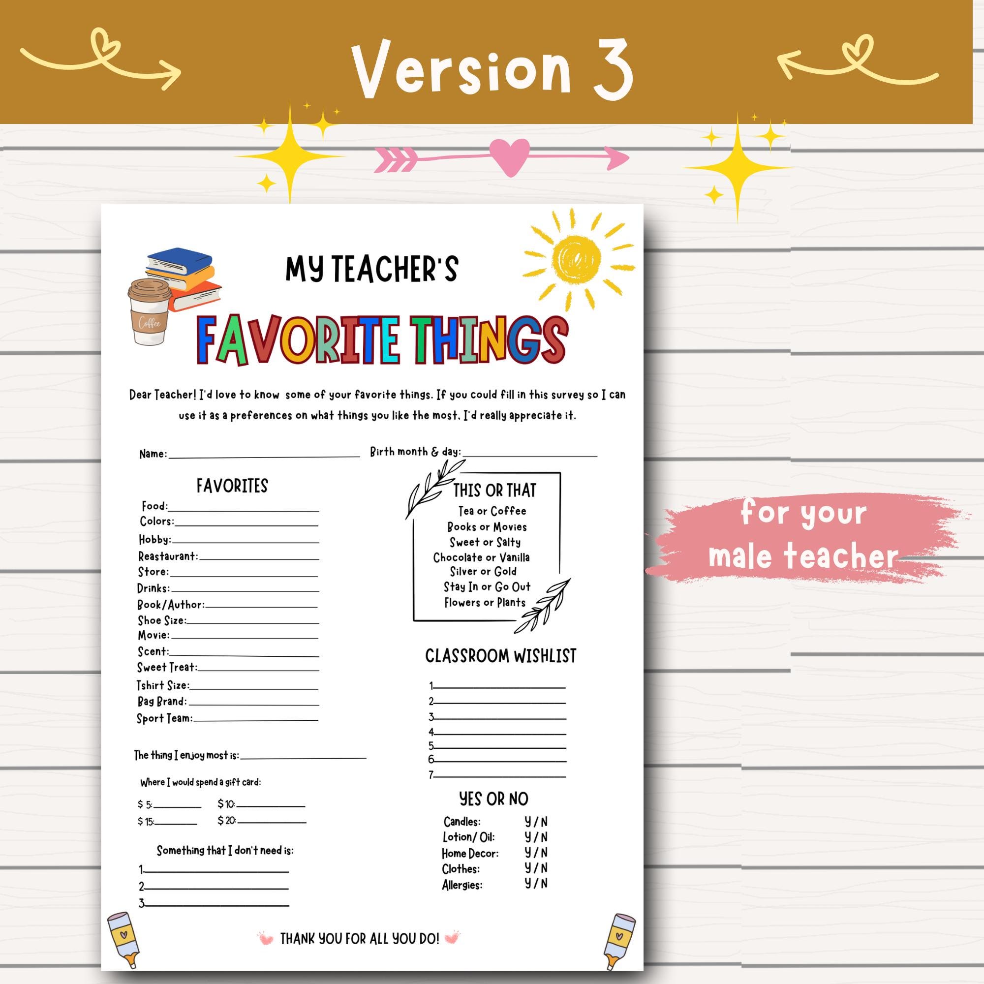 Teacher Favorite Things Questionnaire, Printable Teacher Survey ...