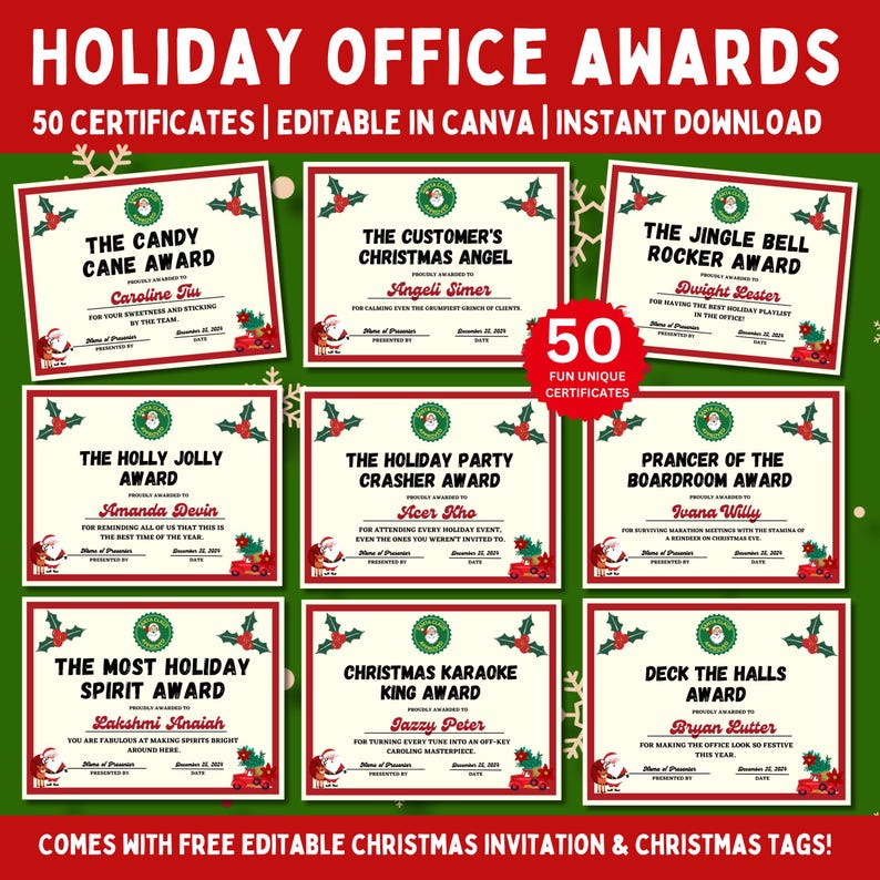 Christmas Office Awards, Holiday Employee Awards, Christmas ...