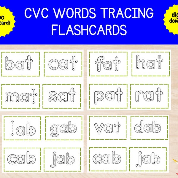 CVC Phonics, Words Tracing Cards, CVC Flashcards for Pre-k, Words ...