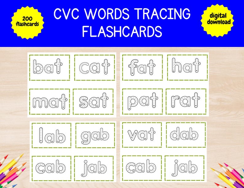 CVC Phonics, Words Tracing Cards, CVC Flashcards for Pre-k, Words ...