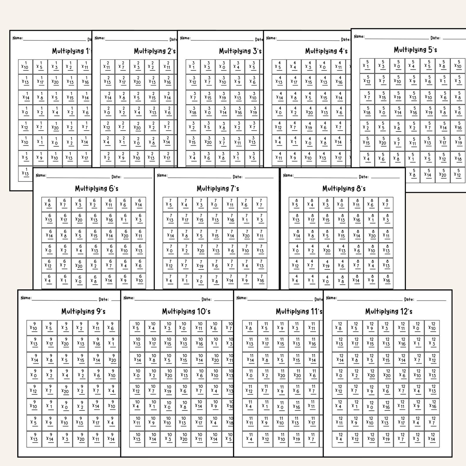 Printable Multiplication Worksheets, Numbers 1-12 (PDF Files) - Etsy