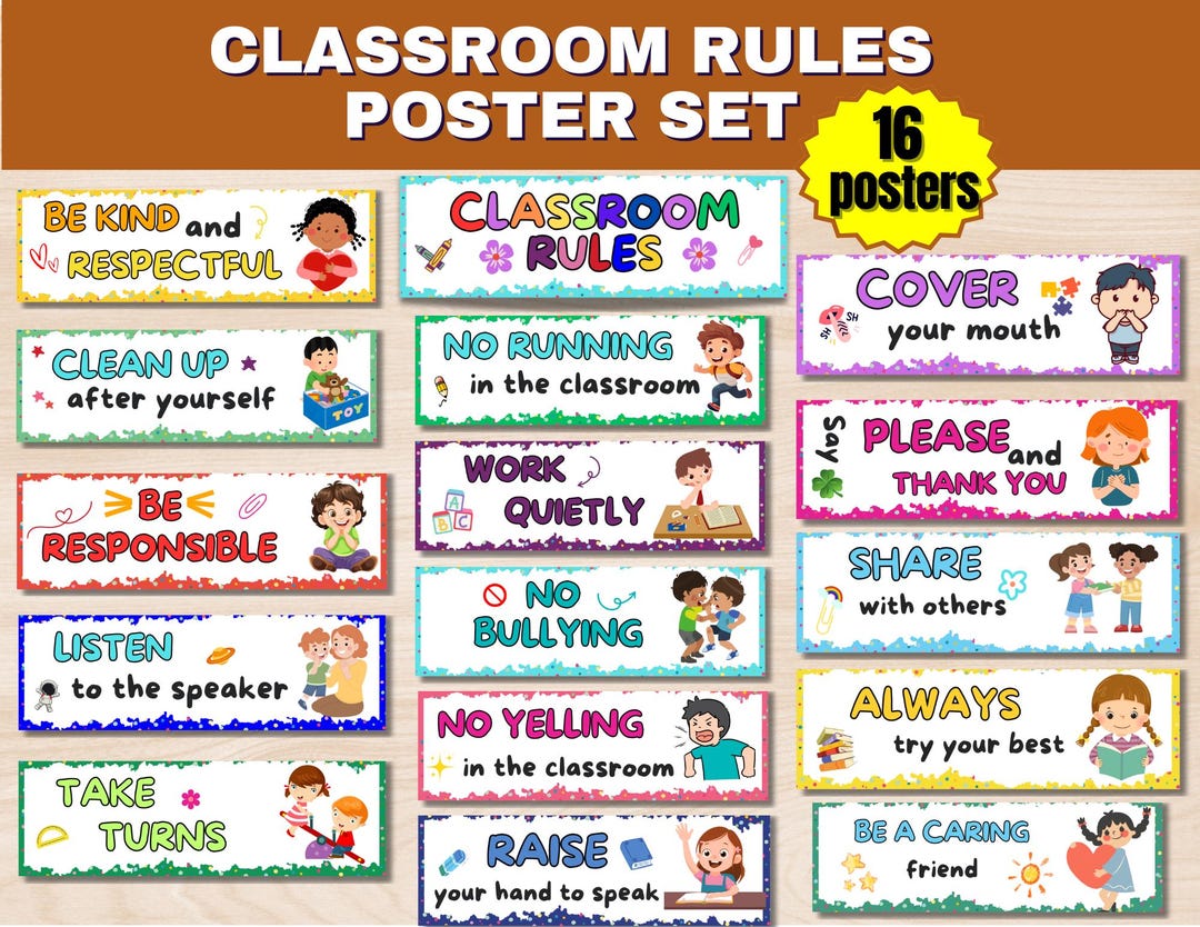 Classroom Rules Poster Set | 16-piece Classroom Decor (PDF, PNG) - Etsy