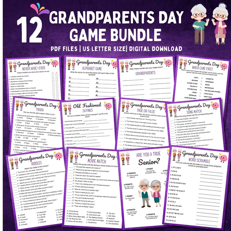 Grandparents Day Game Bundle, Printable Games for Seniors (digital ...