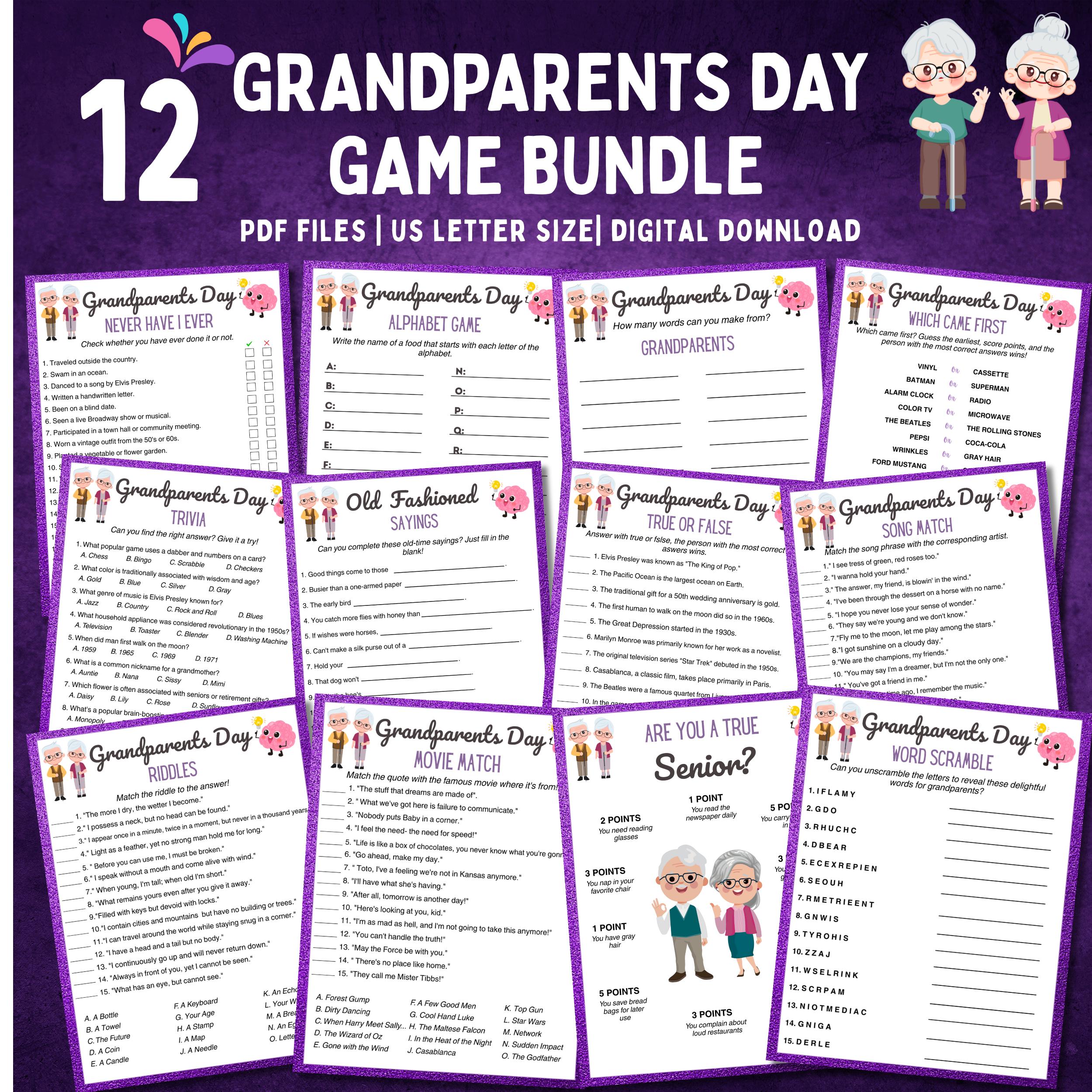 Grandparents Day Game Bundle, Printable Games for Seniors (digital ...