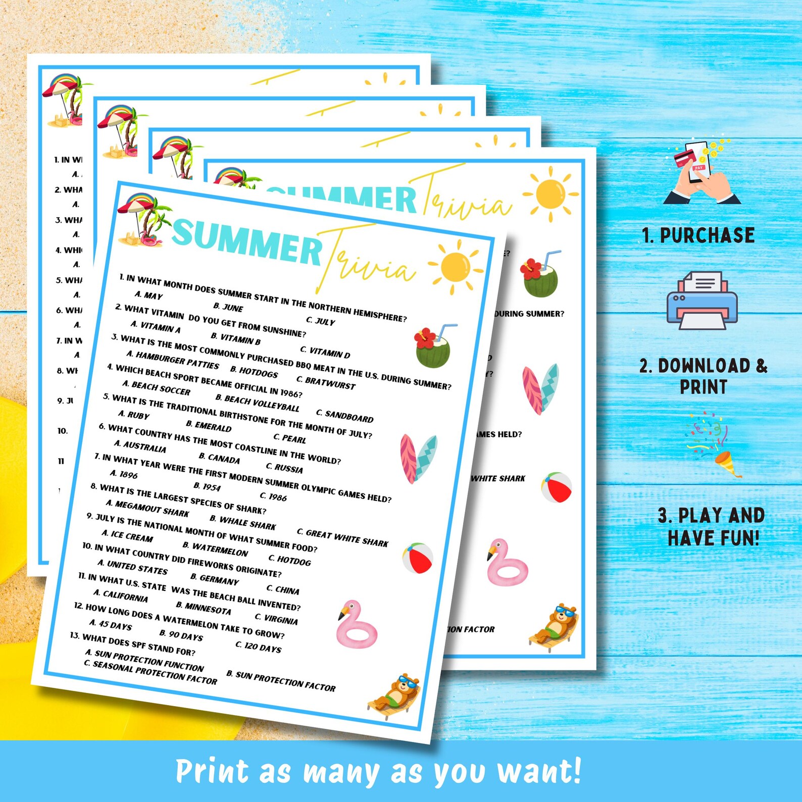 Summer Trivia Game, Summer Trivia Quiz, Summer Games, Summer Printable ...