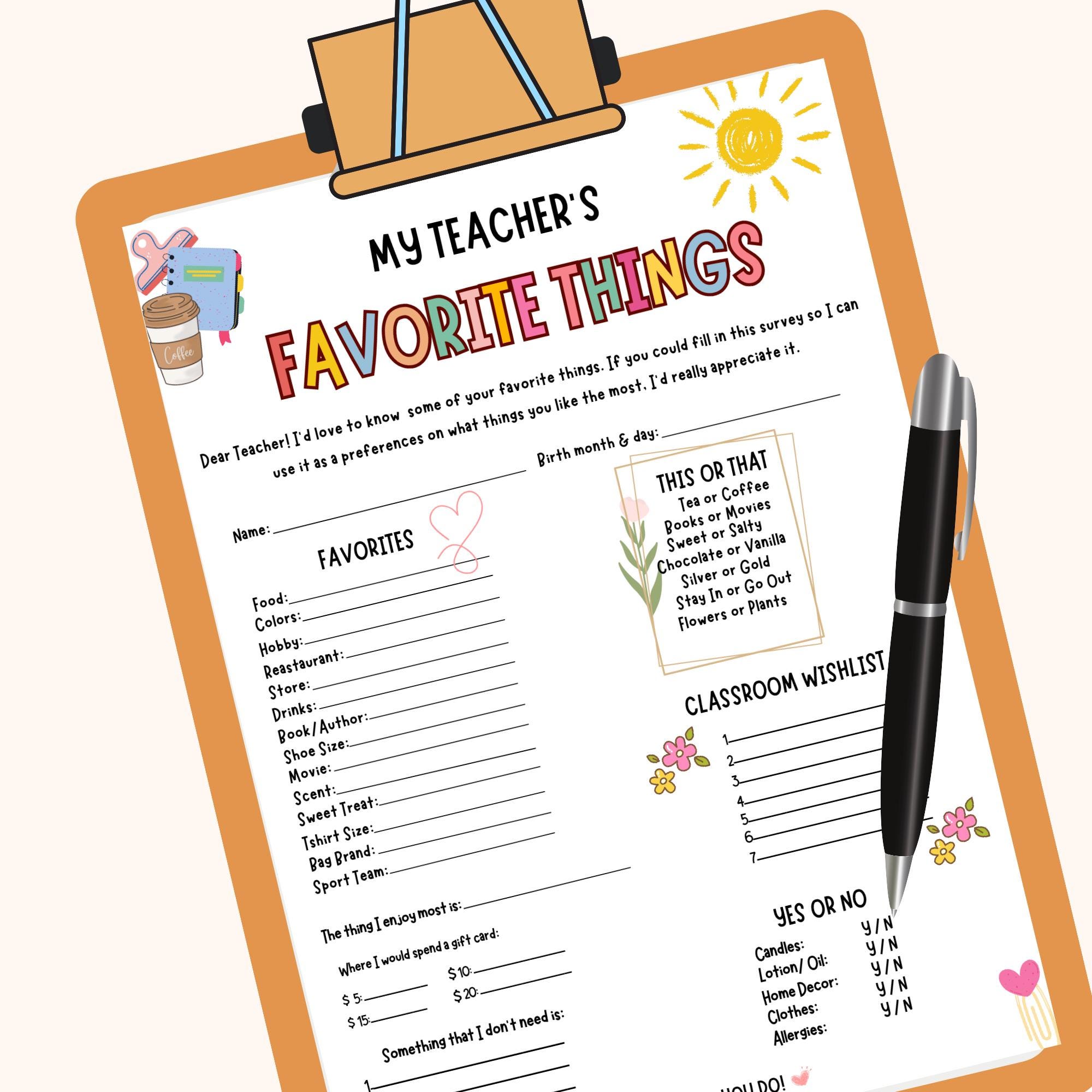Teacher Favorite Things Questionnaire, Printable Teacher Survey ...