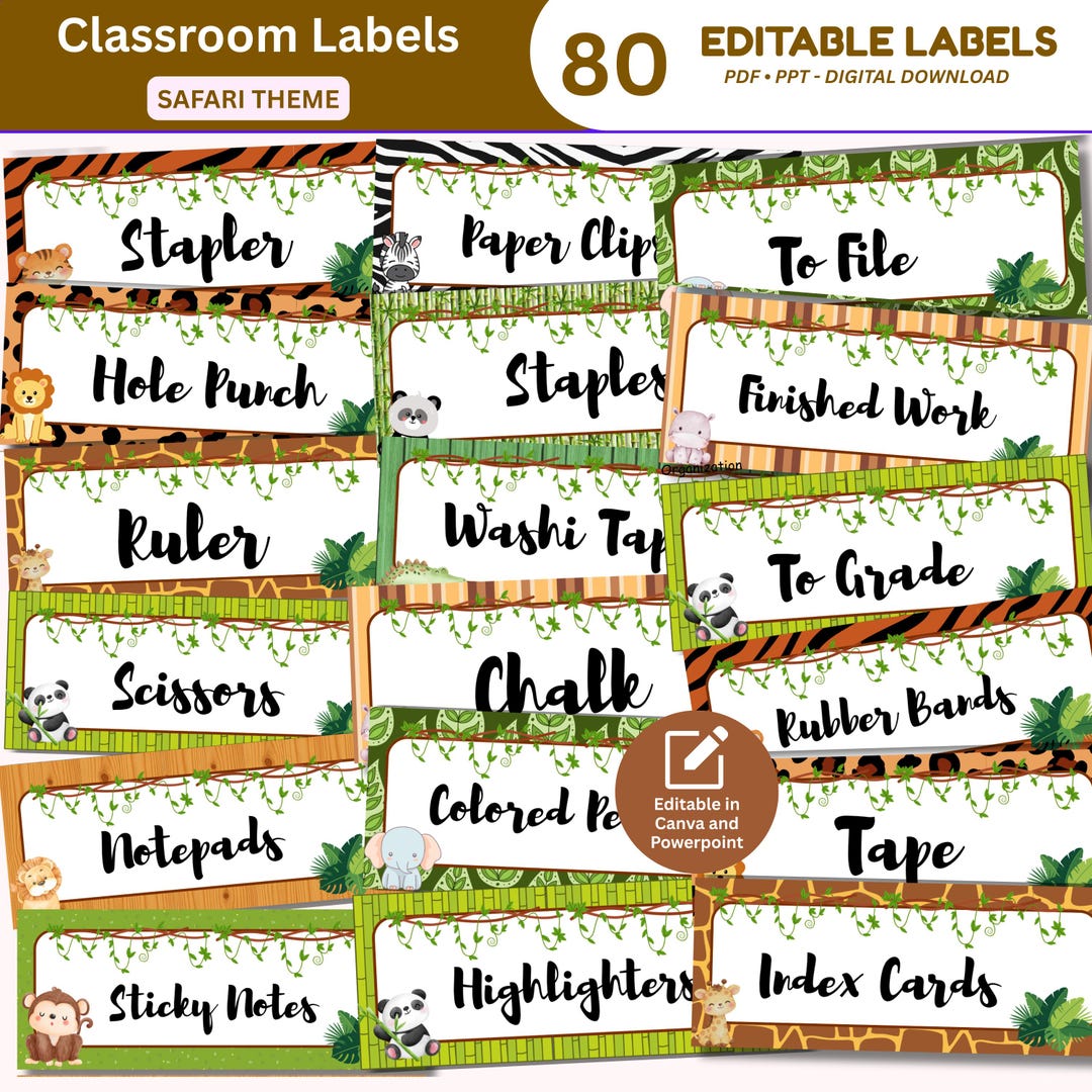 Safari Jungle Classroom Labels | Editable Animal Theme Decor (PDF PPT ...