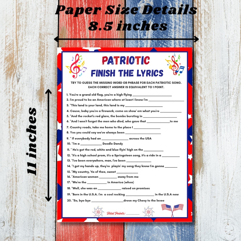 Patriotic Finish the Lyrics Game, 4th of July Printable (digital ...