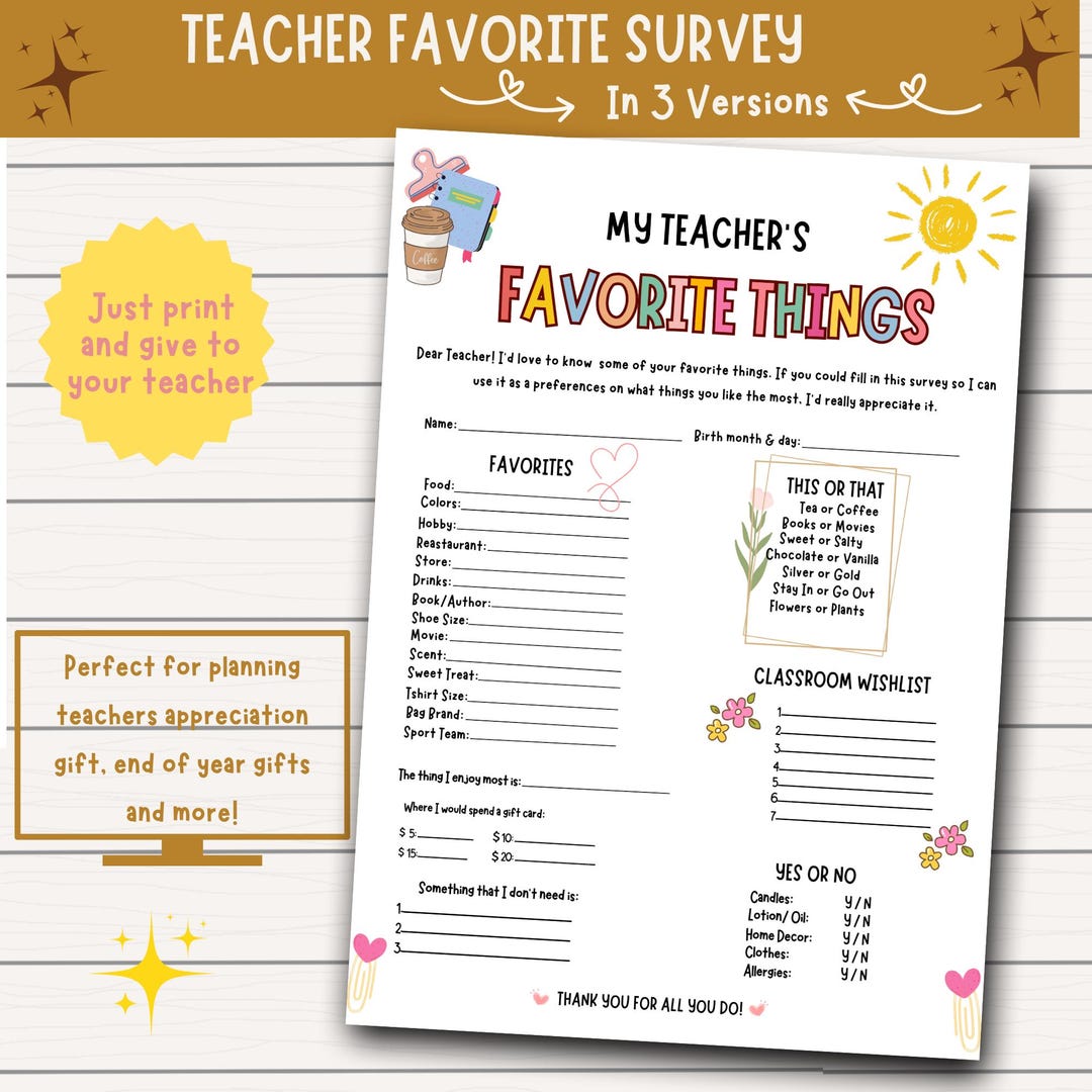 Teacher Favorite Things Questionnaire, Printable Teacher Survey ...