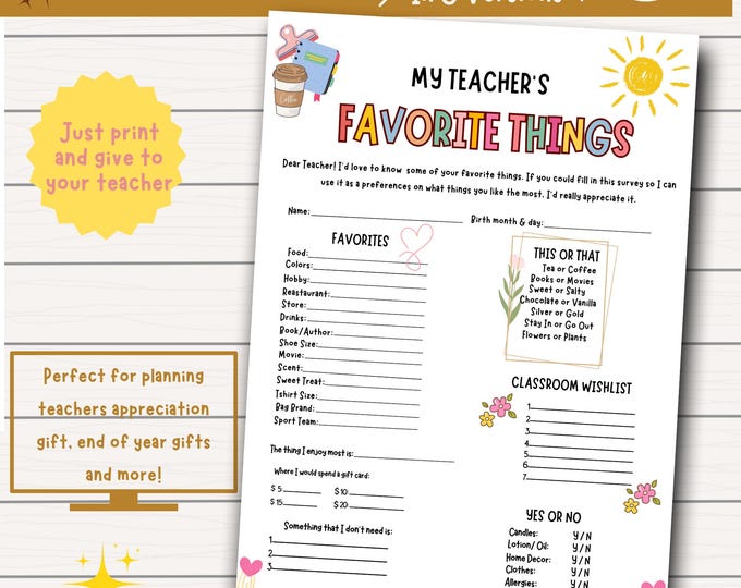 Teacher Favorite Things Questionnaire, Teacher Appreciation Gift, All ...