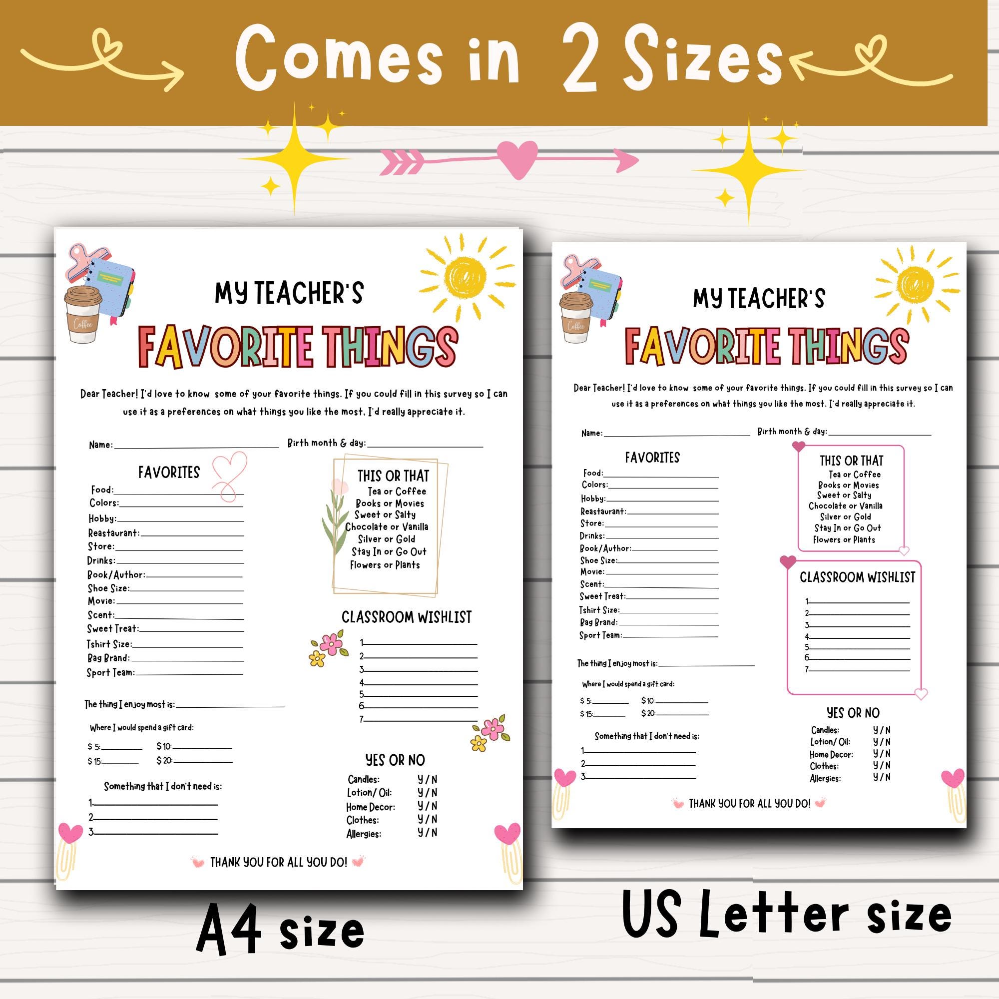 Teacher Favorite Things Questionnaire, Printable Teacher Survey ...