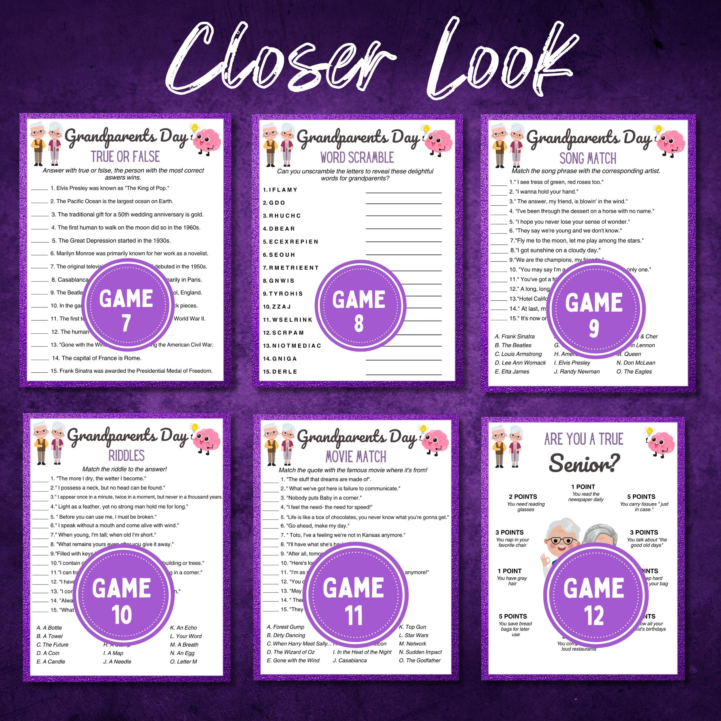 Grandparents Day Game Bundle, Printable Games for Seniors (digital ...